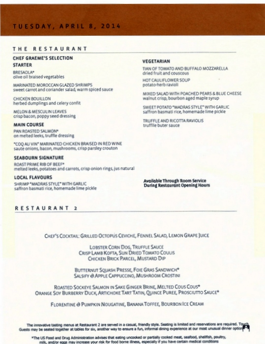 11 Days of Menus from the Seabourn Sojourn World Cruise