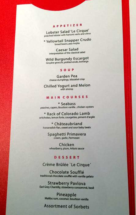 The Updated Menu for An Evening at Le Cirque on Holland America Cruises