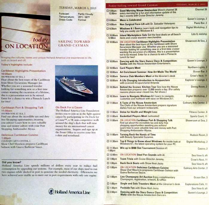 Daily Programs from a Caribbean Cruise on Holland America’s Nieuw Amsterdam