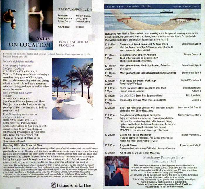 Daily Programs from a Caribbean Cruise on Holland America’s Nieuw Amsterdam
