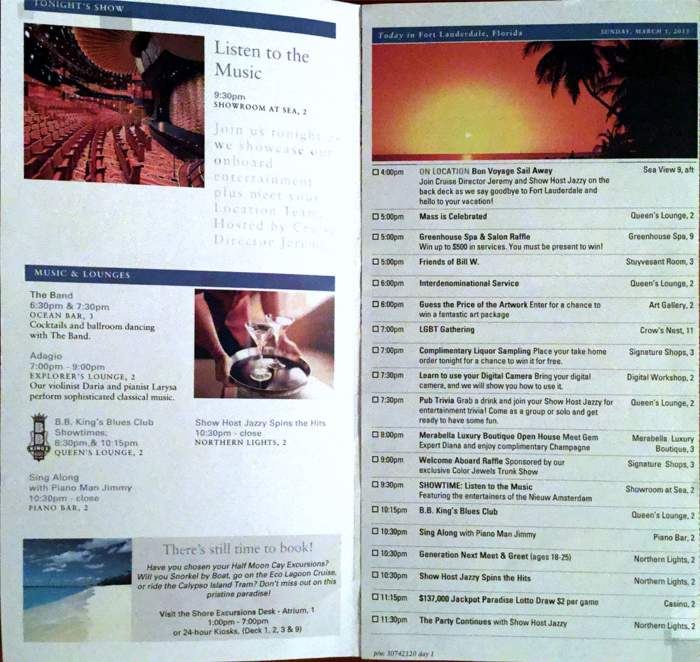 Daily Programs from a Caribbean Cruise on Holland America’s Nieuw Amsterdam