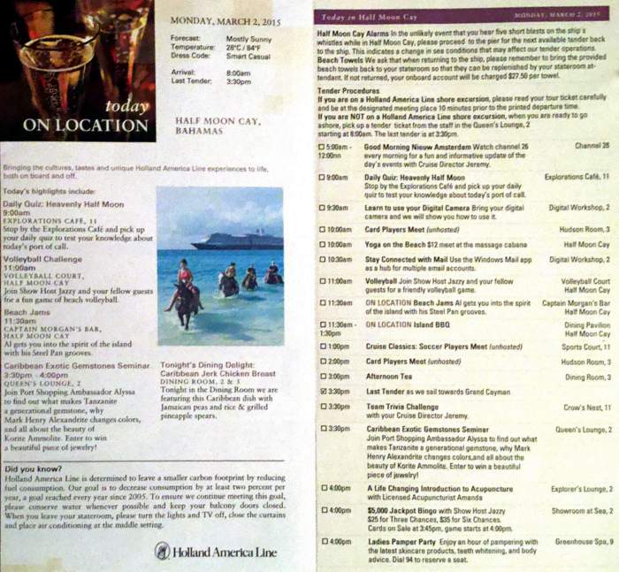 Daily Programs from a Caribbean Cruise on Holland America’s Nieuw Amsterdam