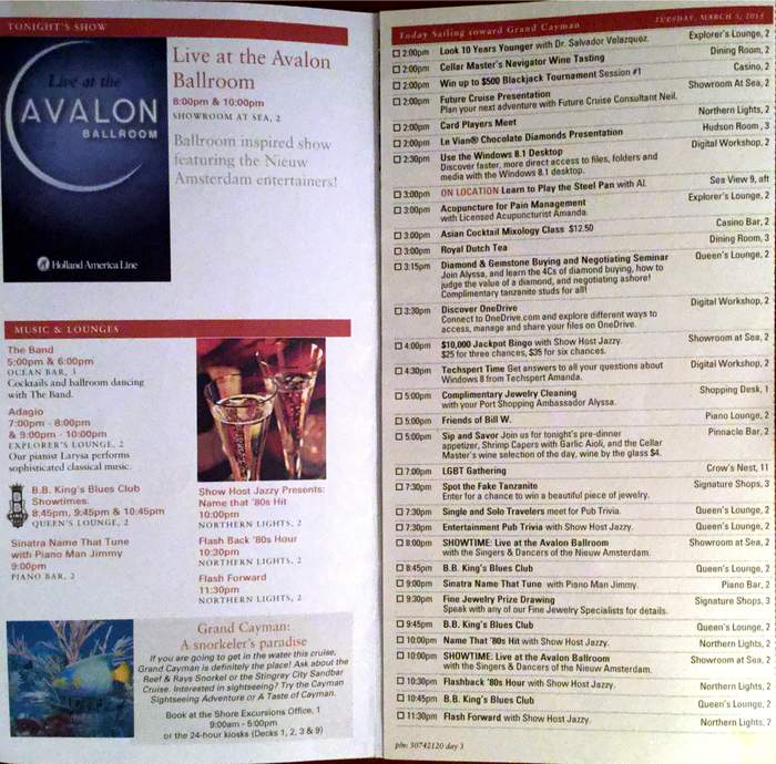 Daily Programs from a Caribbean Cruise on Holland America’s Nieuw Amsterdam