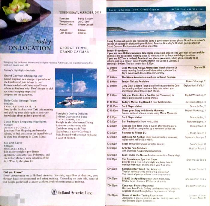 Daily Programs from a Caribbean Cruise on Holland America’s Nieuw Amsterdam