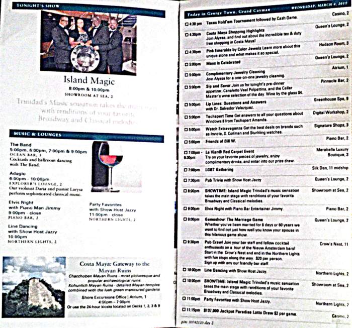 Daily Programs from a Caribbean Cruise on Holland America’s Nieuw Amsterdam