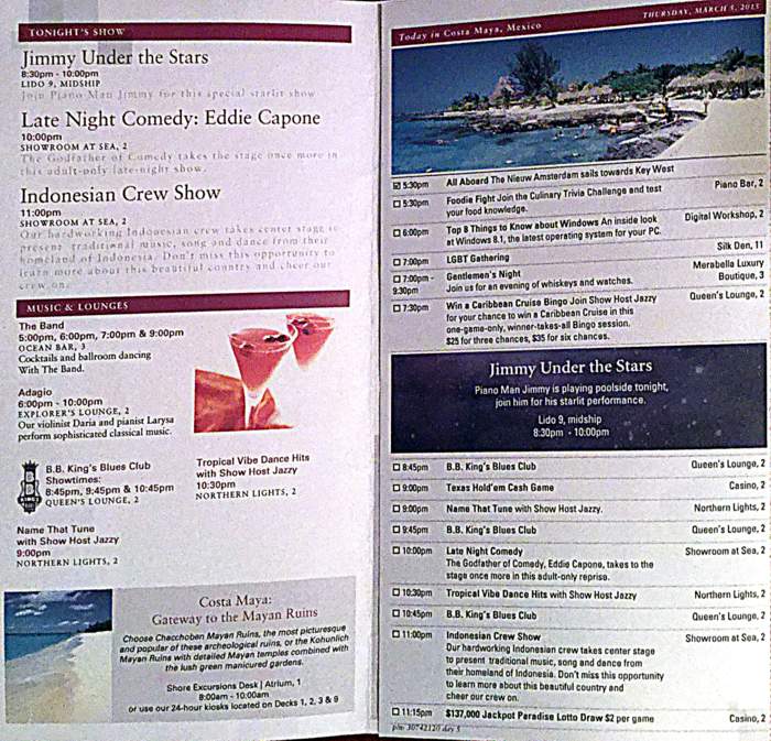 Daily Programs from a Caribbean Cruise on Holland America’s Nieuw Amsterdam