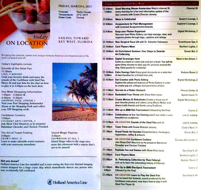 Daily Programs from a Caribbean Cruise on Holland America’s Nieuw Amsterdam