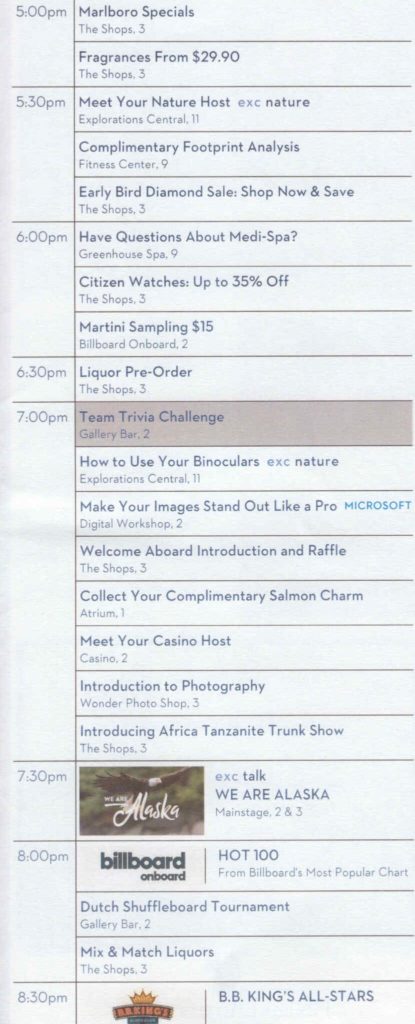 Daily Programs from an Alaska Cruise on Holland America’s Eurodam