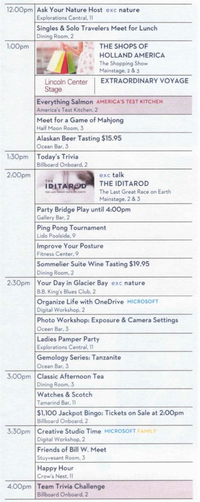 Daily Programs from an Alaska Cruise on Holland America’s Eurodam