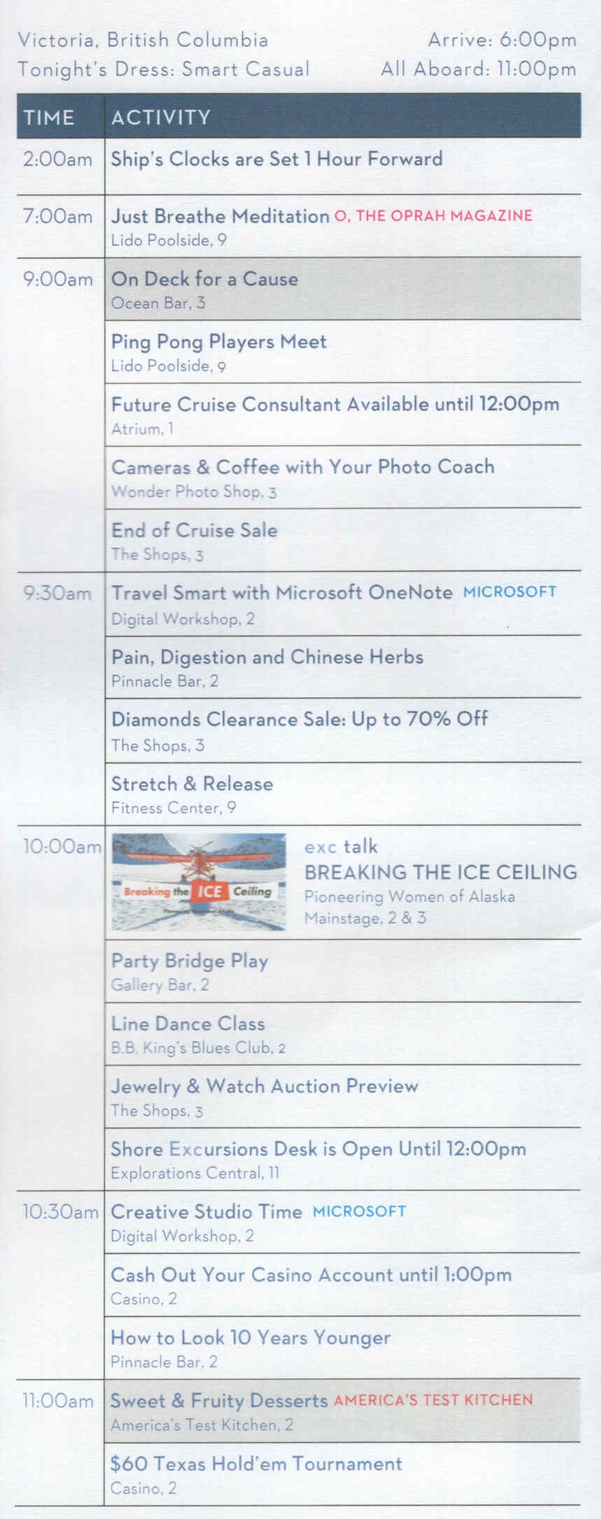 Daily Programs from an Alaska Cruise on Eurodam Days 6-7